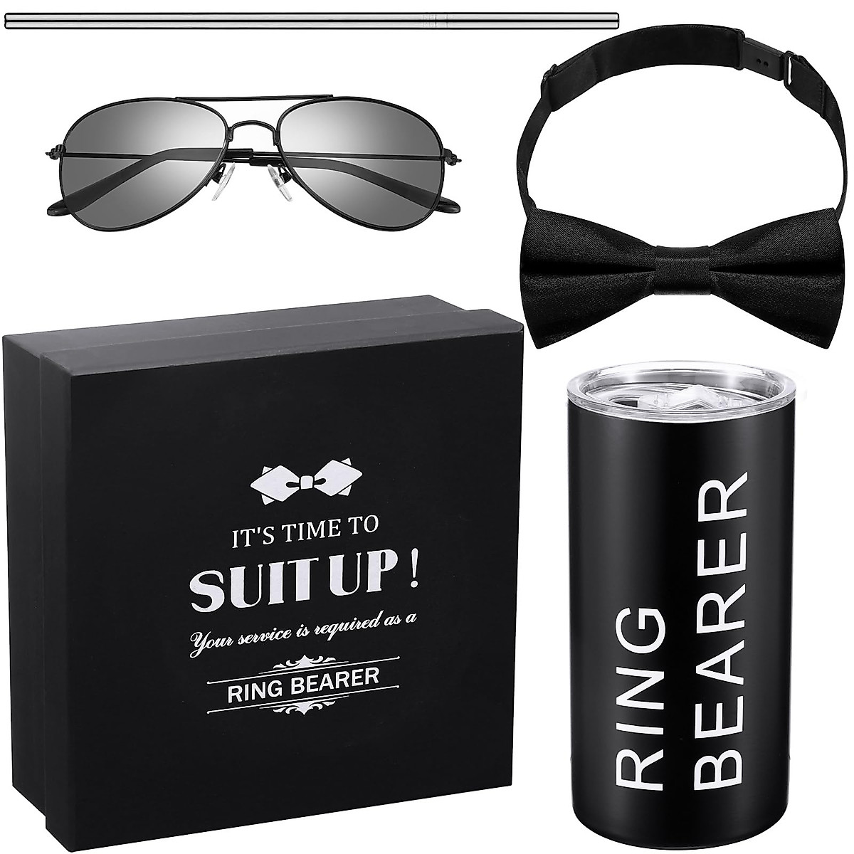 Mepase 4 Pcs Ring Wedding Bearer Gifts Include Groomsmen Proposal Box, Sunglasses, Tie and Tumbler, Groomsmen Proposal Gift for Ring Kids Boys Bearer Security Bridesmaids Costume Outfit Accessories