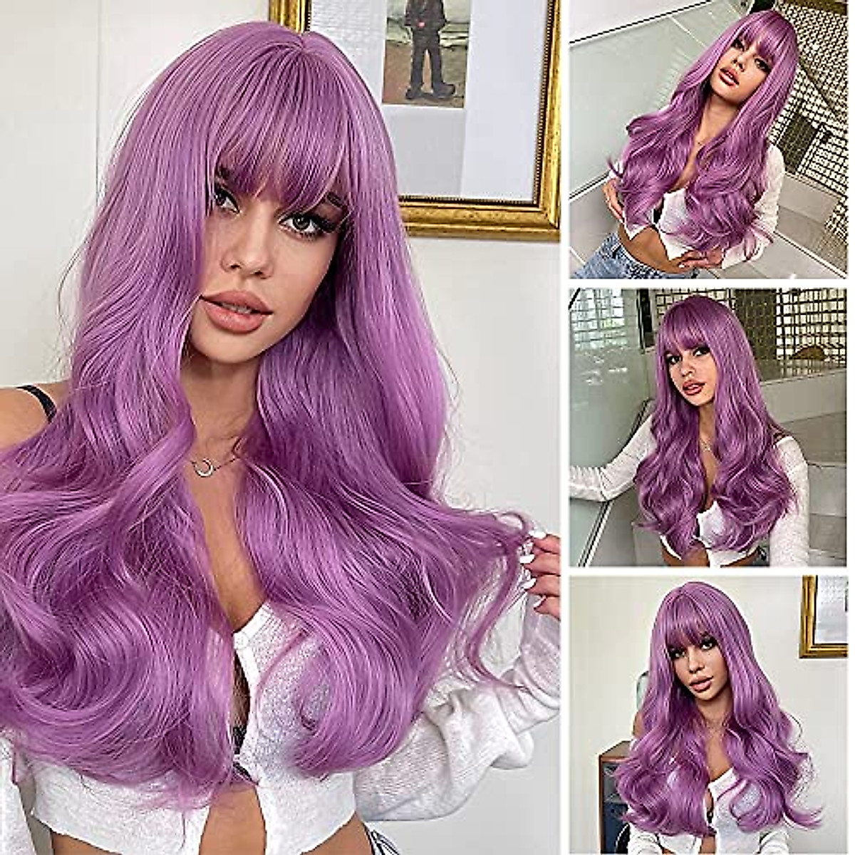 AISI QUEENS Long Purple Wigs for Women Purple Wig with Bangs Lavender Wig for Women Purple Wavy Wigs Purple Synthetic Heat Resistant Wigs for Daily Cosplay Party Winter Holiday Wig (26inch, Purple)