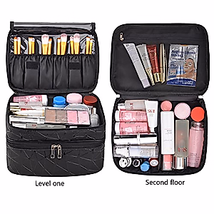 MKPCW makeup bag Large Double-layer cosmetic bag with brush bag and divider Makeup Case Organizer (Black)