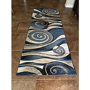 Nikos Modern Wide Runner Area Rug Blue Sculpture Design 258 (32in.X7ft.)