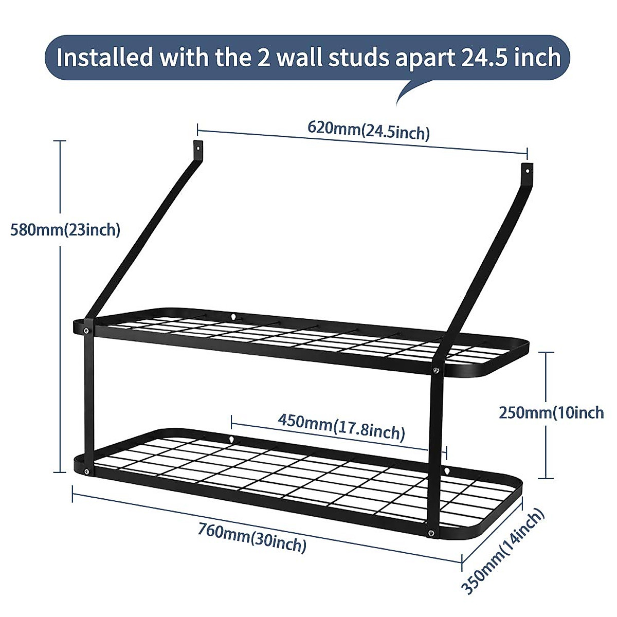 ROTTOGOON Wall Mounted Pots and Pans Rack, 2 Tier Pot and Pan Organizer 30 Inch Wall Pot Rack with 12 Hooks Kitchen Rack Organizer
