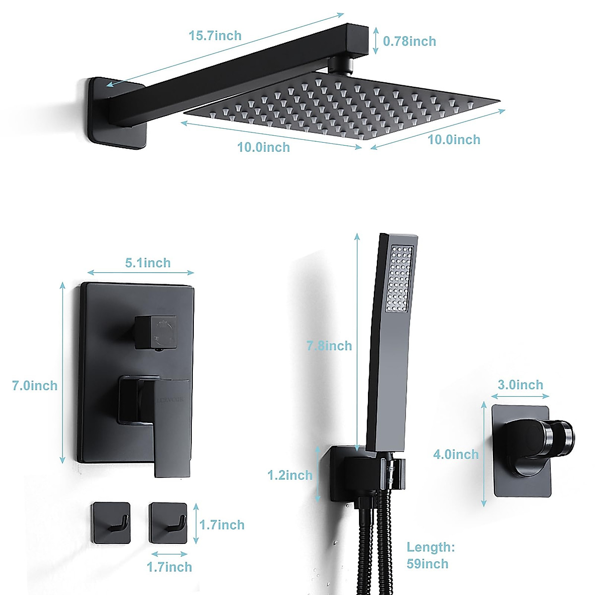 RTTWYYUU Matte Black Shower Head and Handle Set 10 Inch, Rain Shower Head with 2 Hooks, Luxury Rain Shower Set Square Wall Mount for Bathroom with Rain Shower and Handheld Shower System