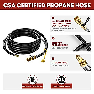 PatioGem 20 FT Quick Connect Propane Hose for RV to Grill, RV Propane Quick Connect Hose, Quick Disconnect Propane Hose Extension with 1/4"Safety Shutoff Valve for Grills, Griddles, Stove, Heater