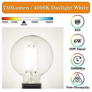 Ascher Vintage G25 LED Globe Light Bulbs, 60 Watt Equivalent, Daylight White 4000K, 750LM, Non-Dimmable, G25 Glass Edison Style for Bathroom Makeup Mirror, Medium E26 Base, Pack of 4