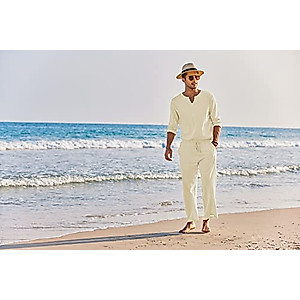 COOFANDY Men's 2 Pieces Cotton Linen Set Henley Shirt Long Sleeve and Casual Beach Pants Summer Yoga Outfits