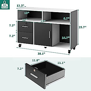 YITAHOME Wood File Cabinet, 2 Drawer Mobile Lateral Storage Cabinet Printer Stand with Lock and Open Storage Shelves for Home Office, White,Drawers Without Hanging Bars