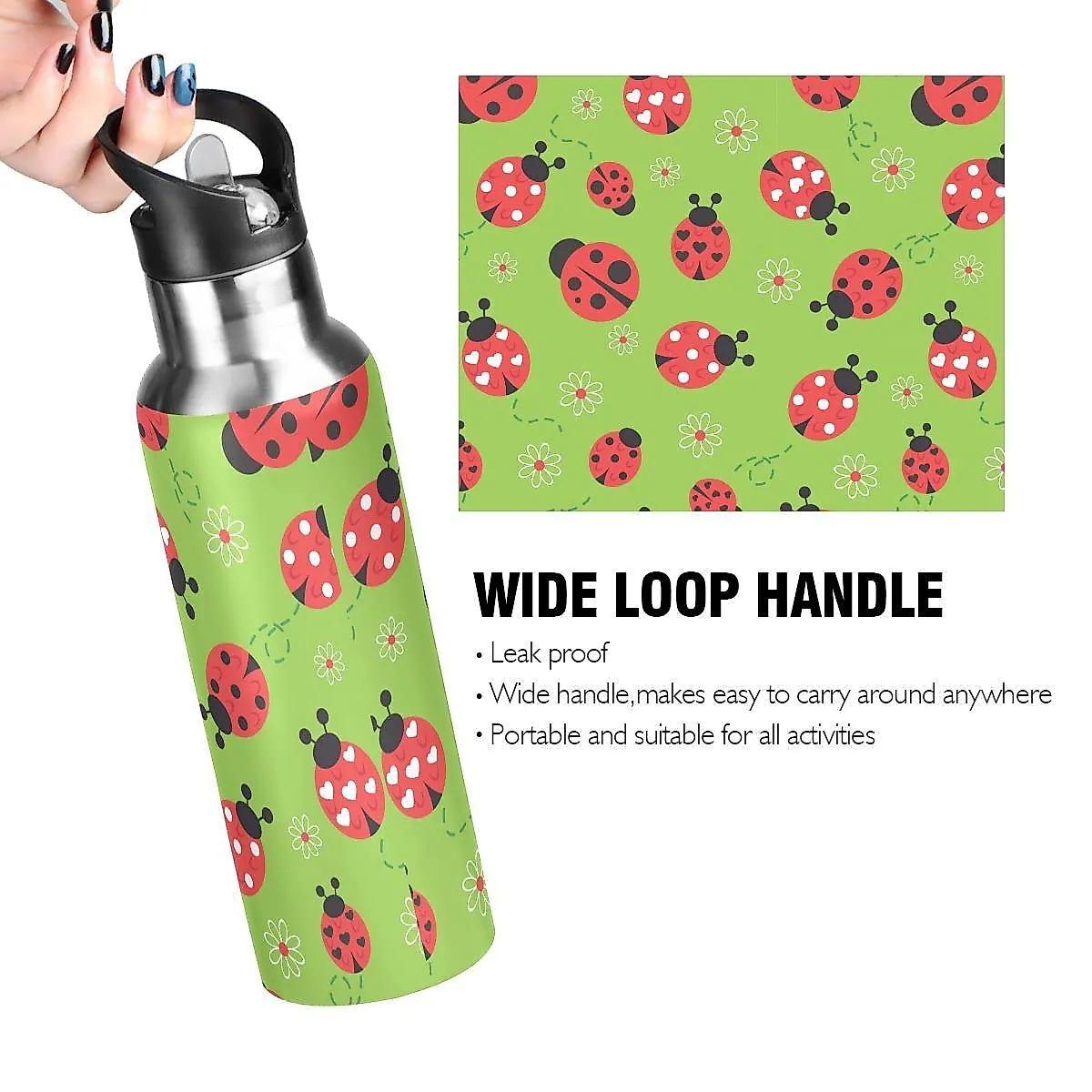 xigua Ladybug Water Bottle Double Walled Stainless Steel Leak Proof Thermo Flask for Sports Gym Cycling Outdoor,20 oz.