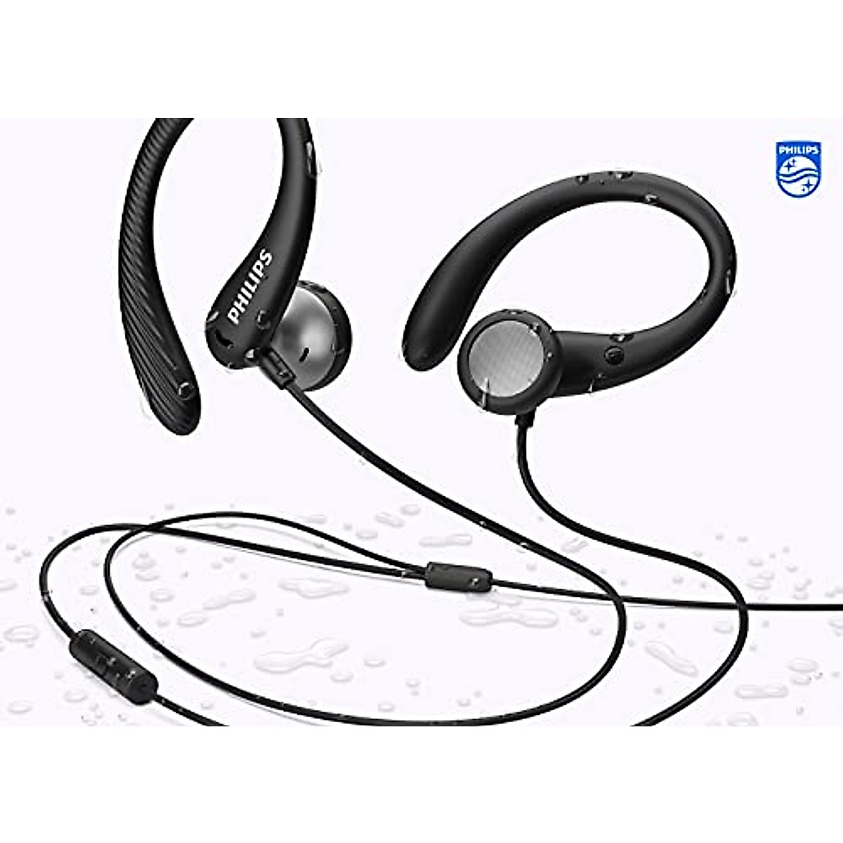 Philips A1105 in-Ear Sports Wired Headphones with Ear Hooks for Secure Fit, Deep bass, in-line Remote Control and Microphone, Sweat-Resistant, 3.5 mm Connector TAA1105BK