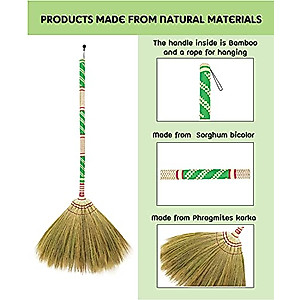 Natural Grass Broom for Sweeping Indoor and Outdoor with Brush Power and Circle Cleaning House, Kitchen, Office,Handmade Broom, Embroidered Woven,Housewarming Gifts Asian Broom 40 inch