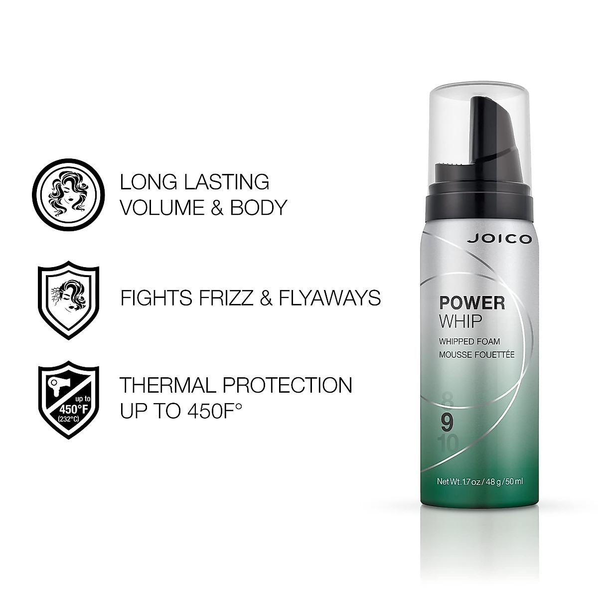 Joico Power Whip Whipped Foam | For Most Hair Types | Add Volume & Body | Thermal Heat, Humidity, & Pollution Protection | Boost Shine | Control Frizz & Flyaways | Silicone & Paraben Free | 1.7 Fl Oz