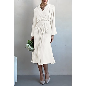 PRETTYGARDEN Women's Spring Midi Dress Long Puff Sleeve Wrap V Neck Flowy Ruffle Pleated Casual Fall Dresses (White,X-Large)