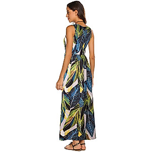 Hount Ladies Summer Dresses Clothing Women's Summer Casual Sexy Sleeveless Long Maxi Dress with Pockets Leaf Print L