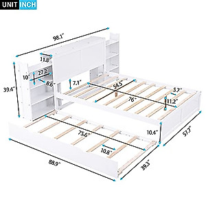 BIADNBZ Full Size Storage Platform Bed with Pull Out Shelves and Twin Size Trundle, Wooden Bedframe with Headboard, for Kids Teens Adults Bedroom, White