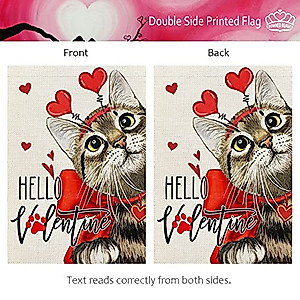 CROWNED BEAUTY Valentines Day Cat Garden Flag 12x18 Inch Small Double Sided for Outside, Hello Valentine Heart Yard CF686-12