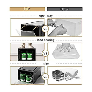 OKR Shoe Storage Box, 8 Pack Boxes Clear Plastic Stackable, Organizer with Magnetic Door, Containers and Sneaker for Men/Women, Fit up to US Size 12(13.4”x 10.6”x 7.5”)Black, Transparent
