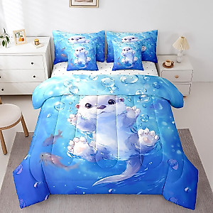 Sea Otters 7Pcs Comforter Set Twin Size,Cute Otter Bedding Set,Kawaii Underwater Animals Fitted Flat Sheet for Kids Girls Boys Teens Room Decor,Watercolor Blue Ocean 2 Pillow Cover,2 Pillowcases