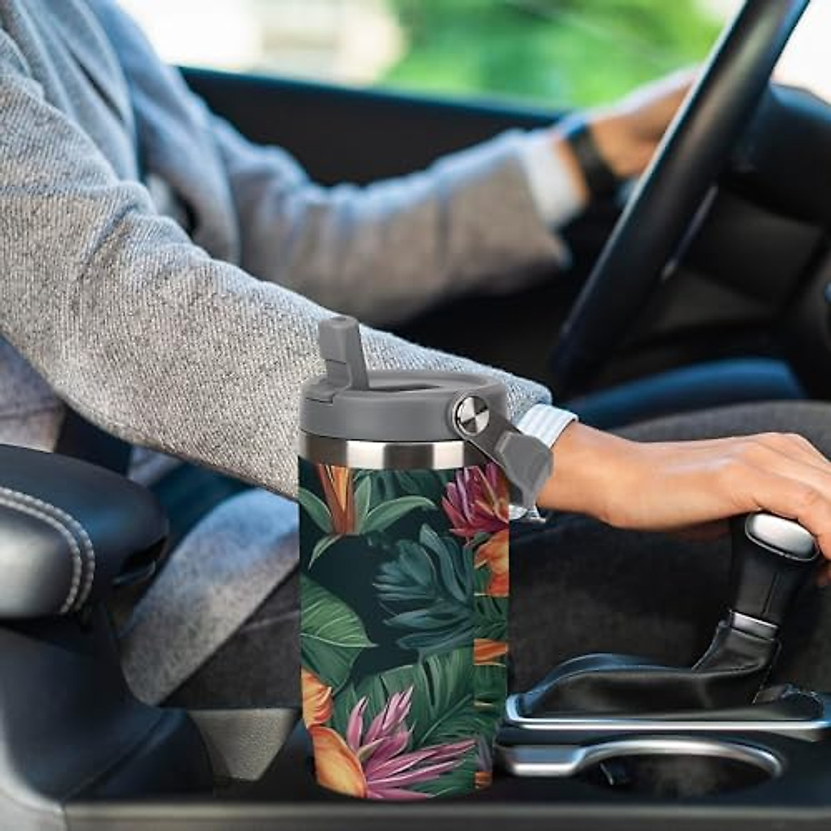 BWQJKUO Large Capacity Car Cup 30 Oz Stainless Steel Tropical Plant Bird Flowers Printed Travel Mug Leak-proof Flip Straw Tumbler with Handle,keeps Cold Or Ho