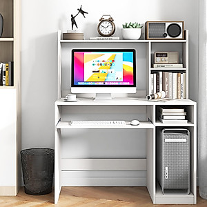 COSTWAY White Computer Desk with Storage Shelf, Wooden Writing Desk with Hutch, Office Desk with CPU Stand & Keyboard Tray, Home PC Desk with Bookshelf, for Bedroom, Study, Living Room