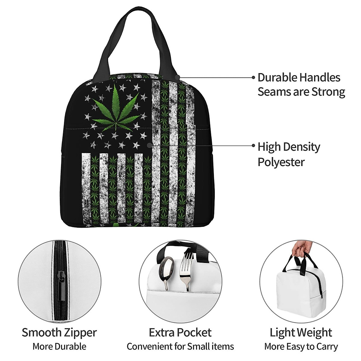 Usa Flag Marijuana Leaf Flag Weed Reusable Insulated Lunch Bag For Women Men Waterproof Tote Lunch Box Thermal Cooler Lunch Tote Bag For Work Office Travel Picnic