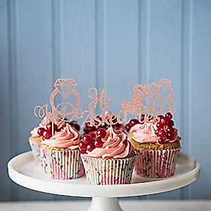 30 Pack He Asked She Said Yes Cupcake Toppers Glitter Heart Ring I do Cupcake Picks Bridal Shower Cake Decorations for Wedding Engagement Theme Party Supplies Rose Gold