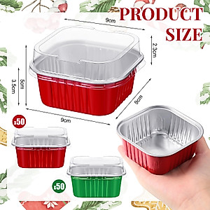 Suttmin 100 Pcs Christmas Aluminum Cups Foil Cupcake Container with Lids 5 oz Xmas Square Foil Pan Holder Mini Disposable Ramekins Cake for Xmas Party(Red, Green, Plain)
