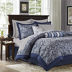 Madison Park Aubrey Bedding and Curtain Set - 12 Piece King Size Navy Blue Paisley Design