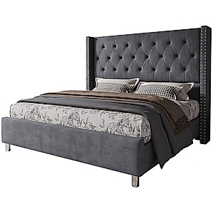 PaPaJet Upholstered Queen Bed Frame with Tall Headboard, Wingback Platform Bed, Velvet Tufted Button, No Box Spring Needed, Easy Assembly, Grey