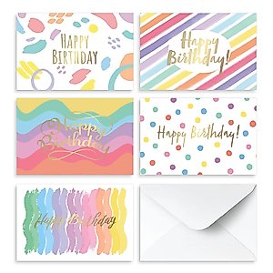 Rileys Rainbow Birthday Cards Assortment, 50-Count | 5 Designs, Wishing Cards for Kids and Adults, Greeting Cards with Envelopes Included, Bulk Variety Pack