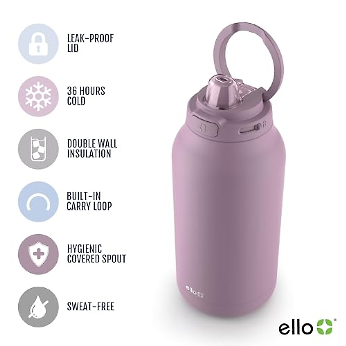 Ello Hydra 64oz Half Gallon Vacuum Insulated Stainless Steel Jug with Locking, Leak-Proof Lid and Soft Silicone Straw, Metal Reusable Water Bottle, Keeps Cold All Day, Mauve