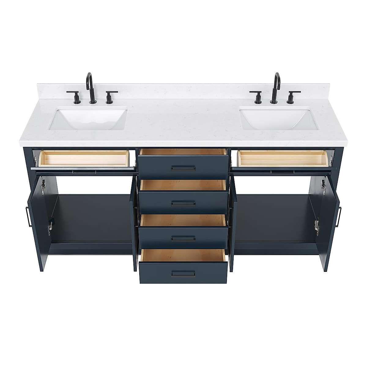 ARIEL Hepburn 72" Midnight Blue Double Vanity, 1.5" Edge Carrara Quartz Countertop & Splash, Rectangular Sinks, 4 Soft Closing Doors, 6 Full Extension Dovetail Drawers, Toe Kick, Matte Black