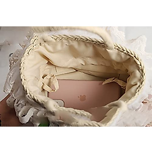 GK-O Mori Girls Handmade Straw Bag Handbag Basket Woven Bag Sweet Knit Lolita Lace Bag Summer Rattan bag (White)