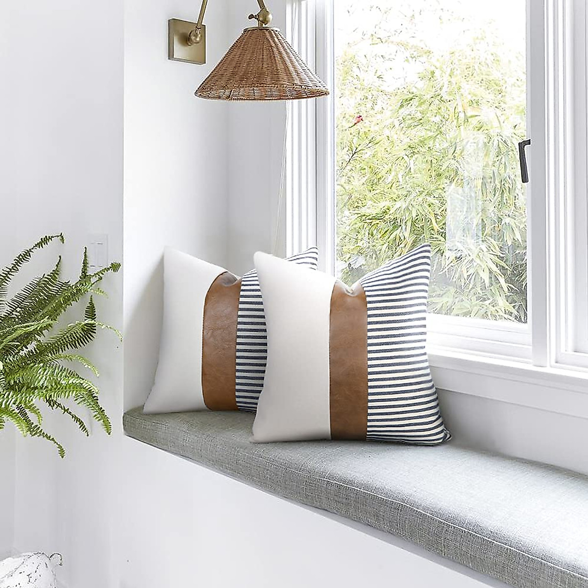 cygnus Set of 2 Farmhouse Decor Stripe Patchwork Linen Throw Pillow Covers,Modern Tan faux Leather Accent Pillow Covers 18x18 inch,Gray