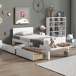 Dolonm Twin Bed Frames for Kids with 2 Drawers, Storage Platform Bed with Footboard Bench, Twin Kids Bed Headboard Frame Pine Wood, High Stable, No Box Spring Needed, Twin Bed for Kids, White