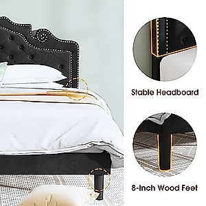 WEEWAY Queen Bed Frame with Velvet Tiara Curved Headboard and High Resilience, Upholstered Diamond Button Tufted Platform Bed with Wood Slats/No Box Spring Needed/Easy Assembly/Black