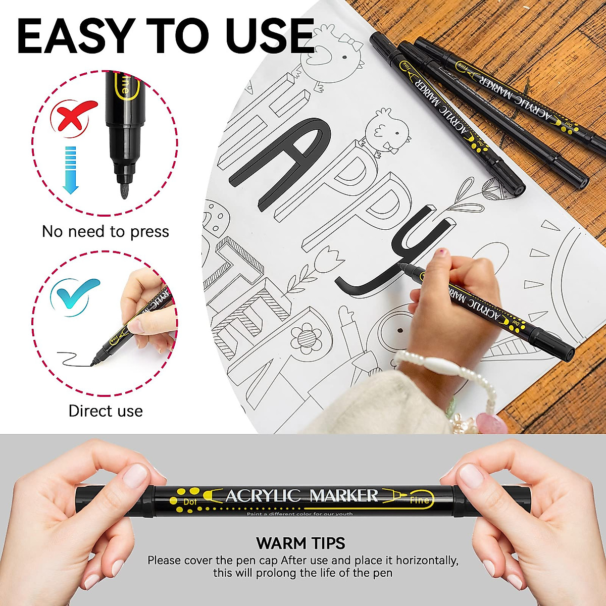 Tesquio Black Paint Marker, 8 Pack Dual Tip Acrylic Paint Pens, Ideal for Wood, Rock Painting, Canvas, Stone, Glass, Ceramic