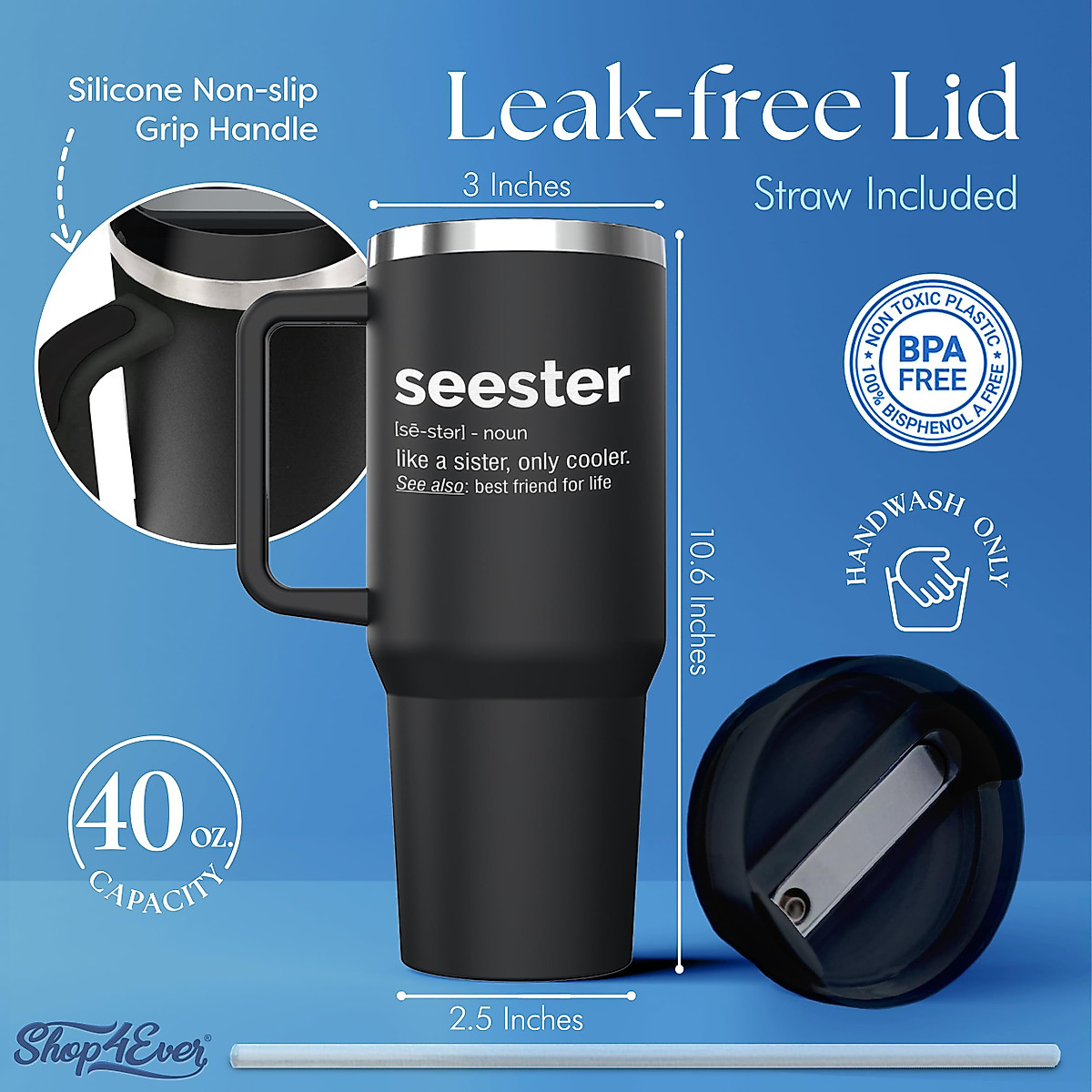 shop4ever Seester Definition Engraved Insulated Stainless Steel Tumbler with Handle, Lid, and Straw 40 oz. Funny Gift for Sister Best Friend (Black)