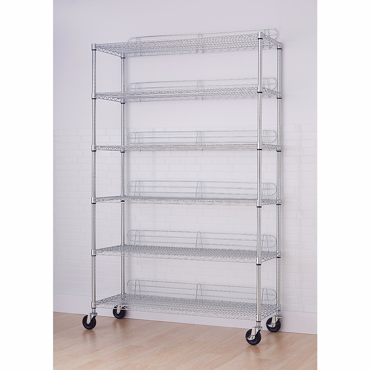 TRINITY EcoStorage Heavy Duty 6-Tier Adjustable Wire Shelving with Wheels and Backstands for Kitchen Organization, Garage Shelving, NSF Certified, 48” W x 18” D x 72-77” H, 800-4800 lb Capacity Chrome