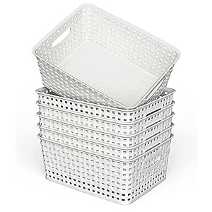 Woven Plastic Storage Baskets, 6 Pack White Weave Bins Organizer, 10.1" x 7.55" x 4.1"