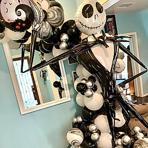 Halloween Balloon Arch Kit, Black White Halloween Decorations Balloons Garland Kit with Silver Explosion Star Skull Cone Foil Balloons 3D Bat Sticker for Halloween Party Haunted House Birthday Decor