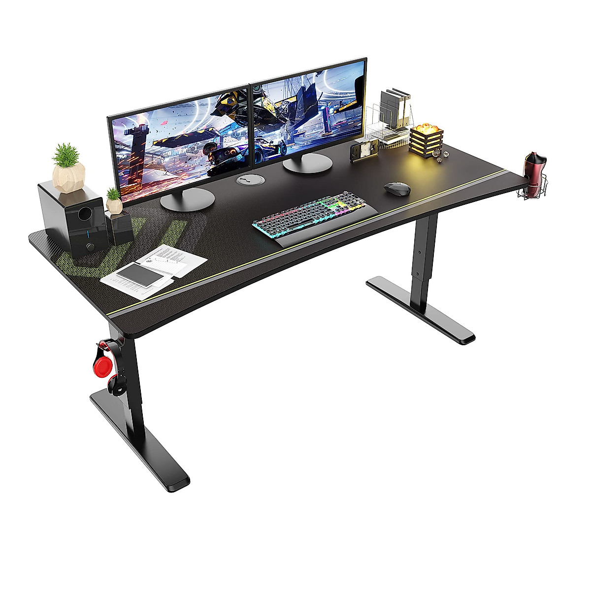 It's_Organized 63 Inch Large Height Adjustable Gaming Desk, Black Home Office PC Computer Manual Standing Curved Edge Table Gamer Workstation with Handle Rack Cup Holder Headphone Hooks Full Mouse Pad
