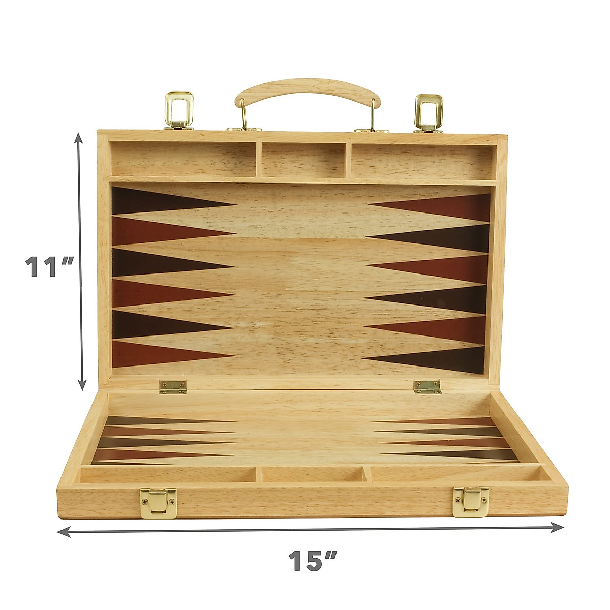 Sterling Games Wooden Backgammon Set for Adults, 15" Foldable Backgammon Board Game Set with Travel Handle and Metal Clasps
