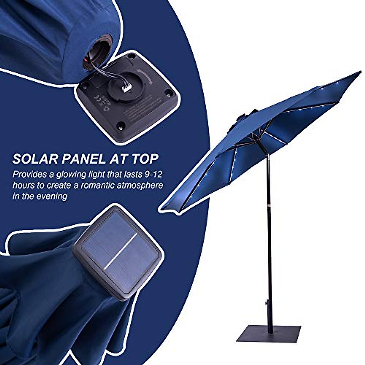 Sundale Outdoor 9 Feet Solar Powered 32 LED Lighted Patio Umbrella Table Market Umbrella with Crank and Push Button Tilt for Garden, Deck, Backyard, Pool, 8 Steel Ribs, (Navy)