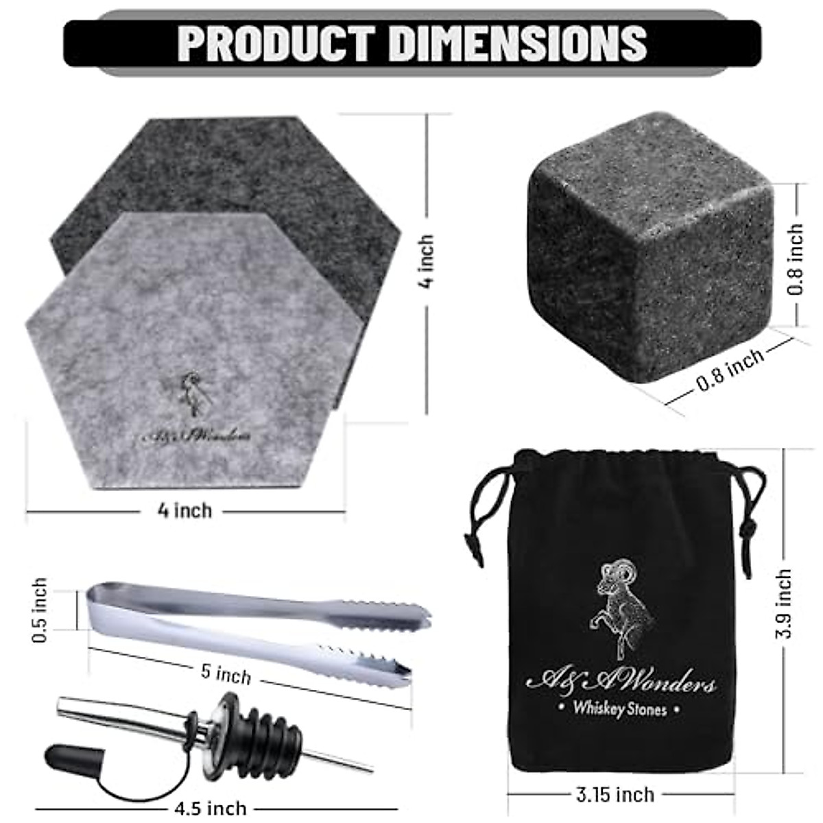 A&A Wonders Premium Whiskey Stones 100% Natural Granite Set Of 9 Chilling Rocks Stone Reusable Ice Cubes For Drinks With Velvet Carrying Pouch, Gift for Whiskey Lovers (Sparks)