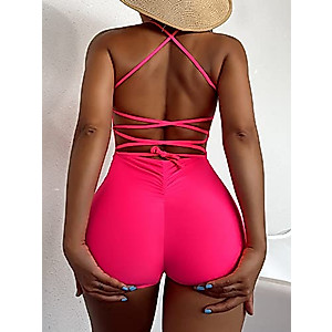 WDIRARA Women's Criss Cross Backless Ruched One Piece Swimsuit Monokini Swimwear Watermelon Pink M