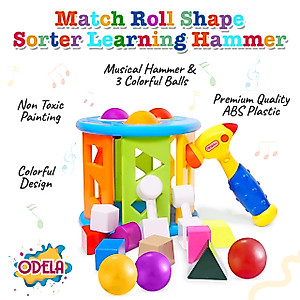 ODELA Match Roll Shape Sorter – Learning Toys with 10 Shaped Parts – Educational Toy with Three Balls and Musical Hammer – Help Your Kid Achieve Multiple Skills – Activity Cube Imagination Development