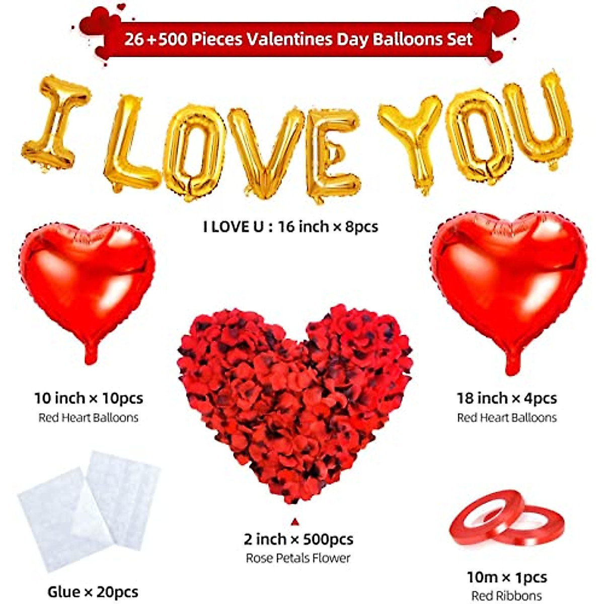 kortes I Love You Balloons and Heart Balloons Kit with Rose Petals, Valentines Day Decorations for Party