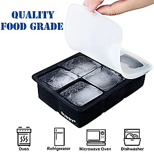 2 Pack Large Ice Cube Tray, Silicone Ice Cube Tray with Lid 6 Cavities Reusable & Flexible Designed BPA Free 2 Inch Ice Cube Mold Maker for Whiskey, Cocktail, Juice (Black)