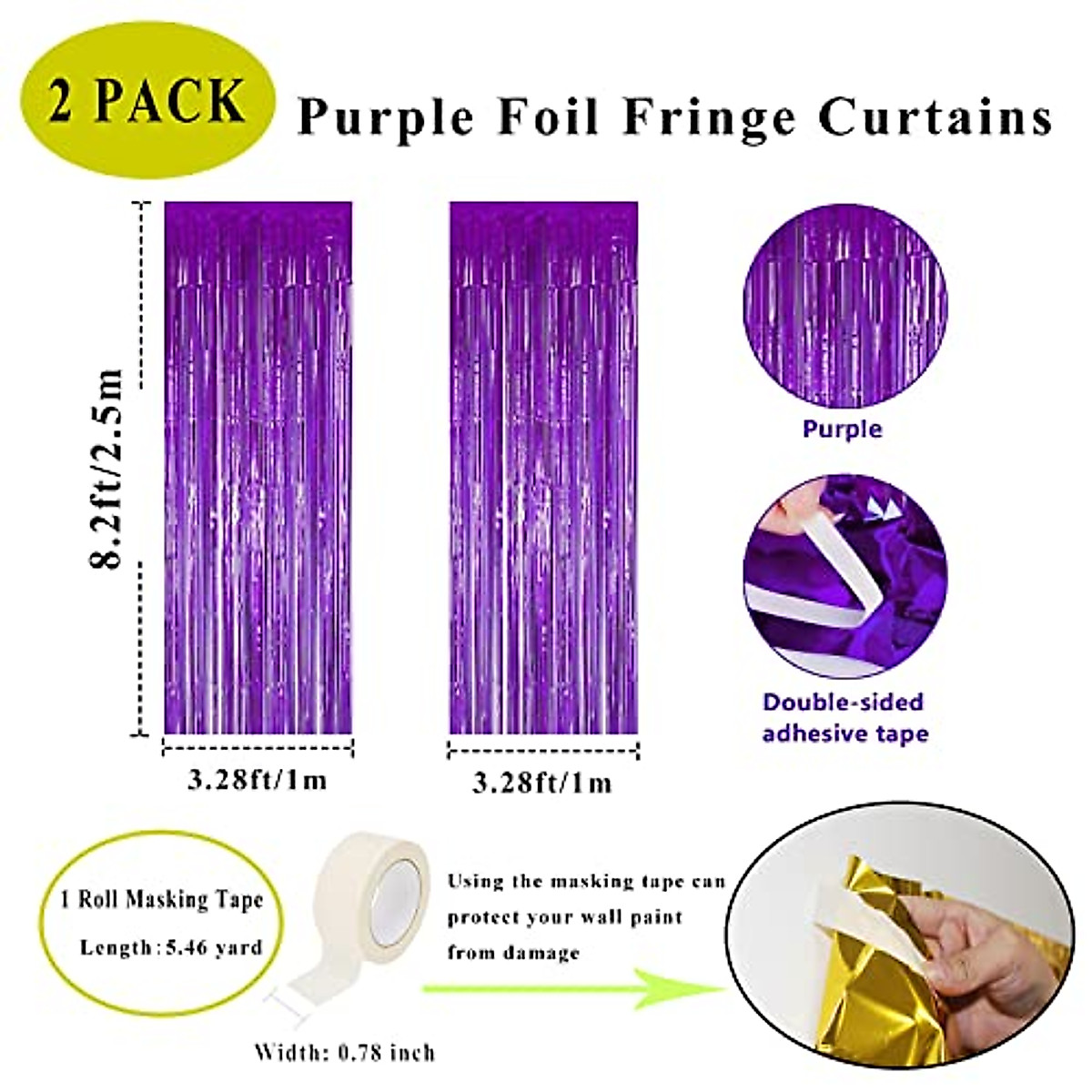 Muhome Purple Foil Fringe Curtain, 2PCS 3.28FT x 8.2FT Tinsel Door Curtains & 1 Masking Tape Purple Fringe Backdrop for Wedding Birthday Bachelorette Mardi Gras Carnival Party Decorations