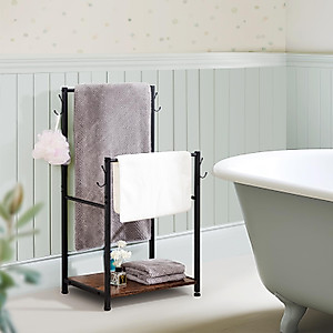 LOAKEKEL Towel Rack, 2 Tier Blanket Rack, Bathroom Towel Rack with 4 Hooks for Small Spaces, 17.01" Length, Blanket Holder with Shelf for Bedroom, Rustic Brown, HTR021BR