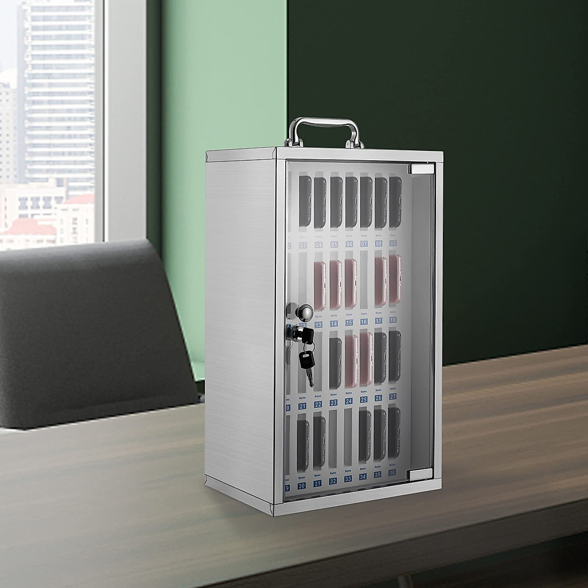 BANLICALI Phone Locker, 36-Slot Stainless Steel Cell Phone Locker Box, Desktop & Wall-Mounted Cell Phones Storage Cabinet with Door Locks and Handle for Classroom Office Employees Silver